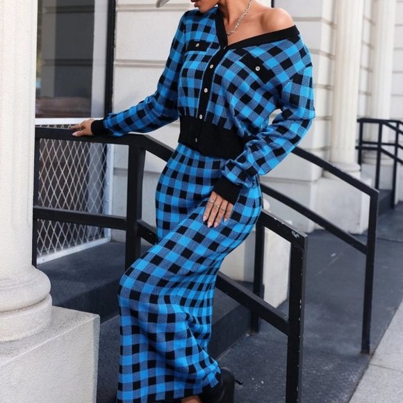 MODA ME COUTURE | Sweaters | Blue Plaid Print Knit Cardigan And Maxi ...